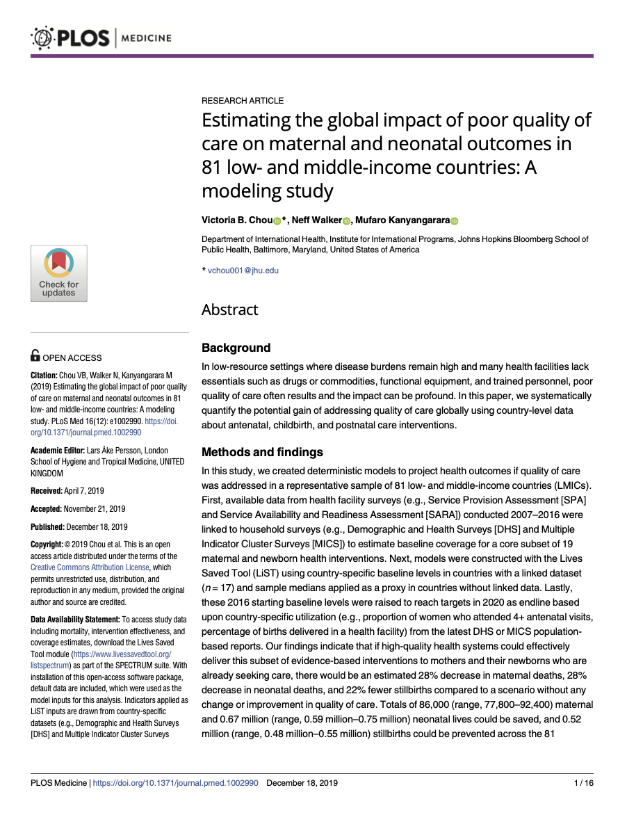 Estimating the Global Impact of Poor Quality of Care on Maternal and ...
